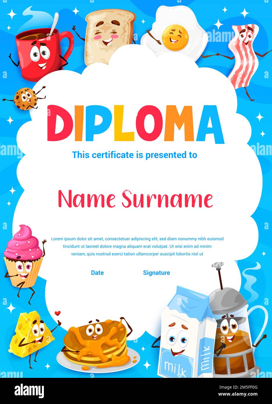 Kids diploma. Cartoon breakfast food characters. Child winner award ...