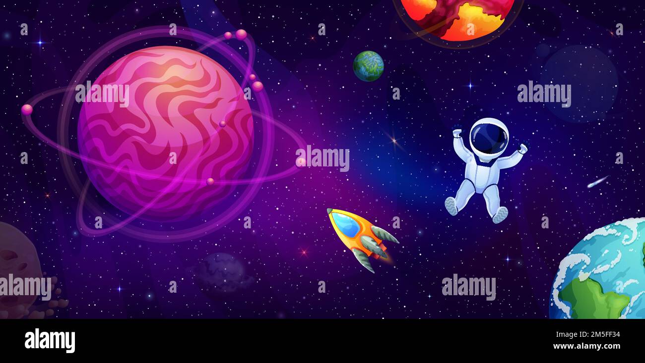 Cartoon astronaut in outer space in starry galaxy. Vector illustration with funny kid cosmonaut ...