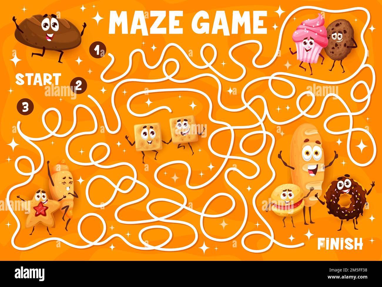 Cookies, desserts and bakery characters in labyrinth maze, vector ...