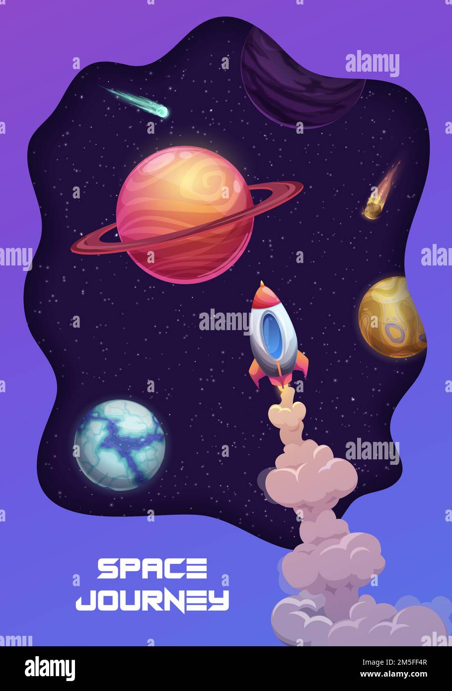 Paper cut galaxy landscape and space rocket launch. Solar system exploration, galaxy travel ...