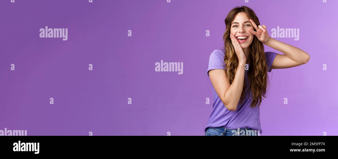 Adorable lovely funny cute woman curly brown hairstyle tilt head touch ...