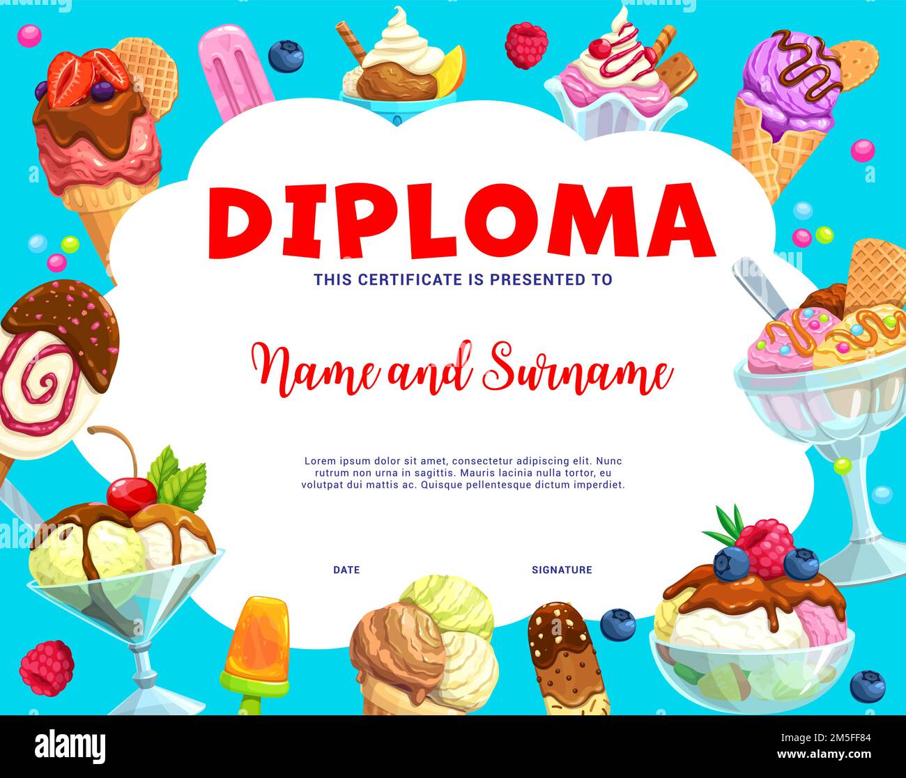 Kids diploma cartoon ice cream vector certificate with delicious ...