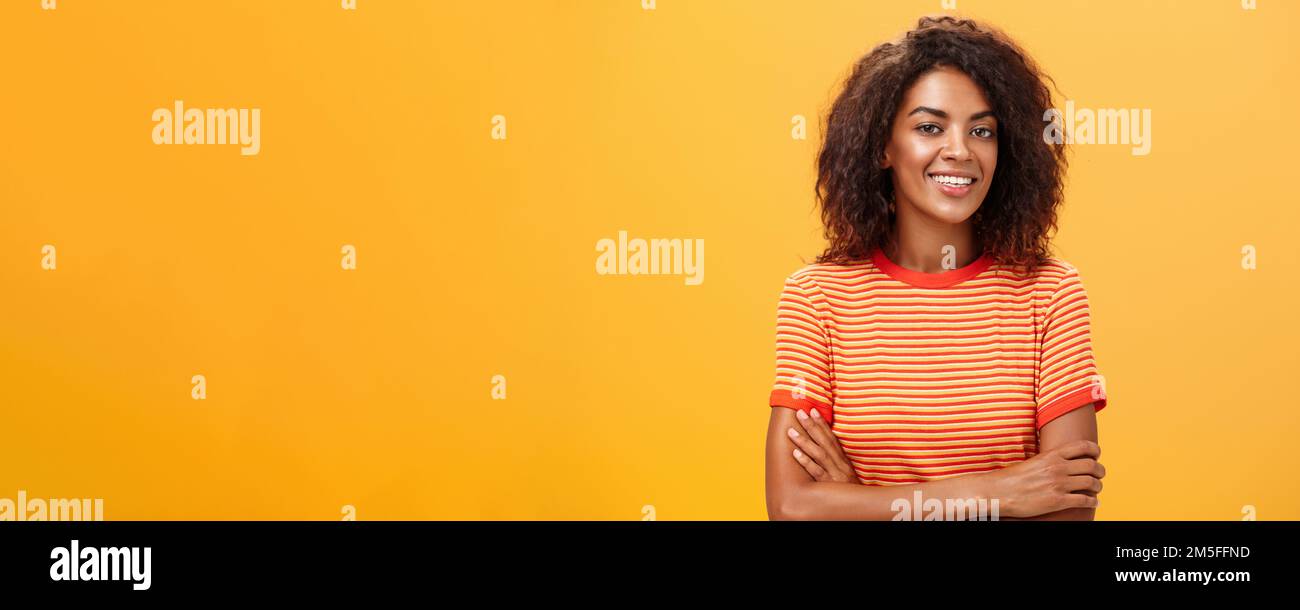 Waist-up shot of creative ambitious good-looking female coworker in ...
