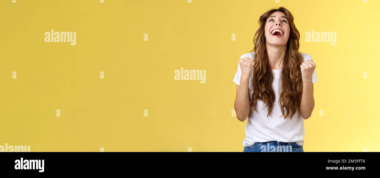 God finally yes. Relieved thankful pleased happy girl look up thank god ...