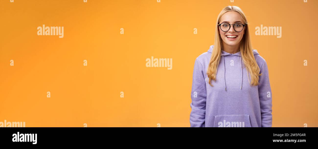 Charming female student geek smiling energized wanna participate university event grinning look ...