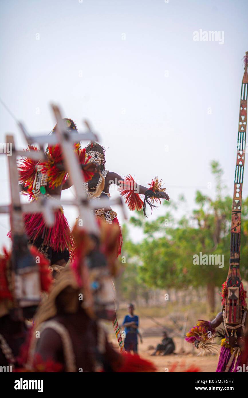 People with traditional masks dancing in Dogon tribe part of Mali Stock ...