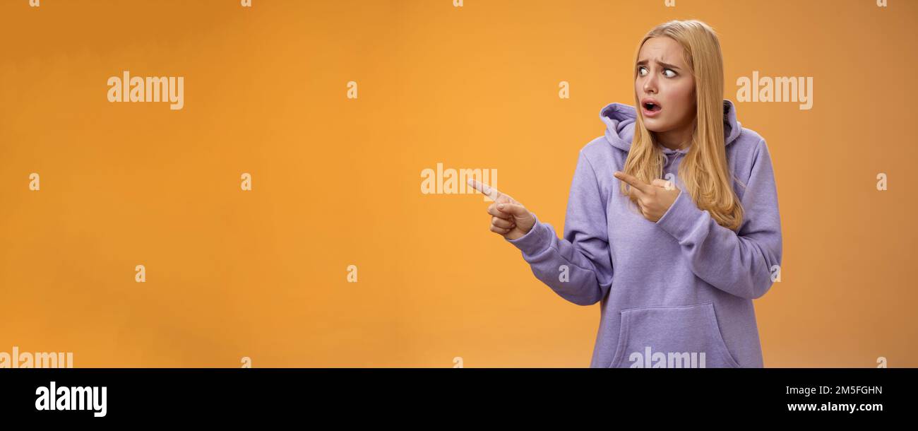 Concerned freak-out panicking funny blond girl gasping pop eyes drop ...