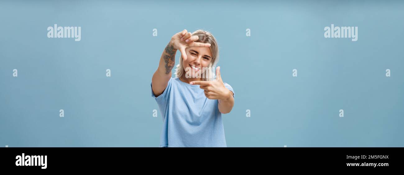 Be creative and happy. Portrait of charming enthusiastic female ...