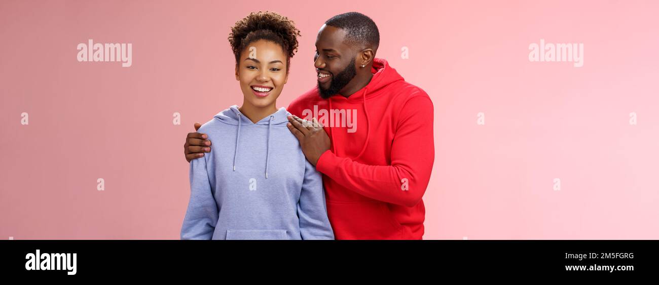 Supportive boyfriend congratulating girlfriend win first prize feel ...