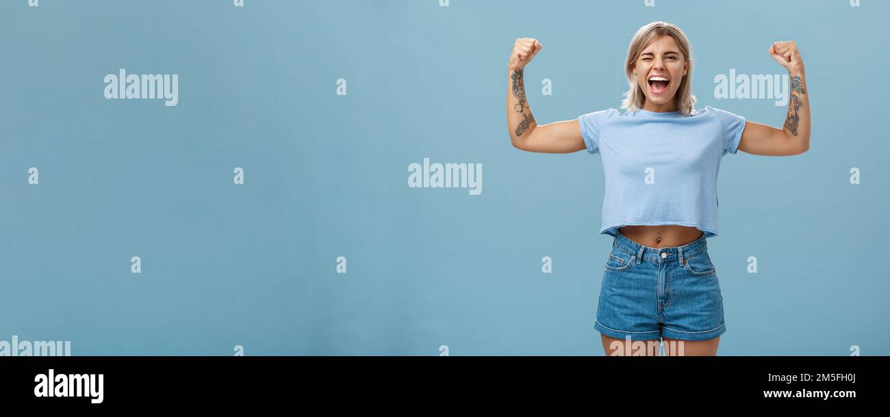 Strong women stand up and fight for rights. Portrait of happy ...