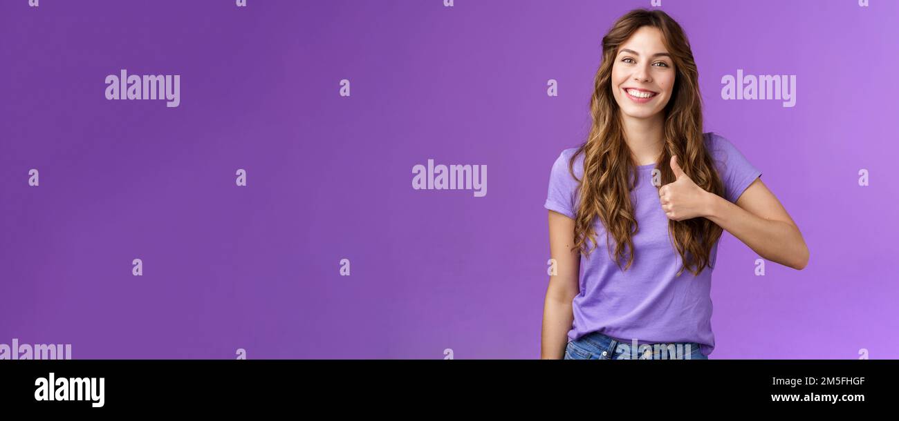 Supportive girl give friend positive reply thumb up sign smiling ...