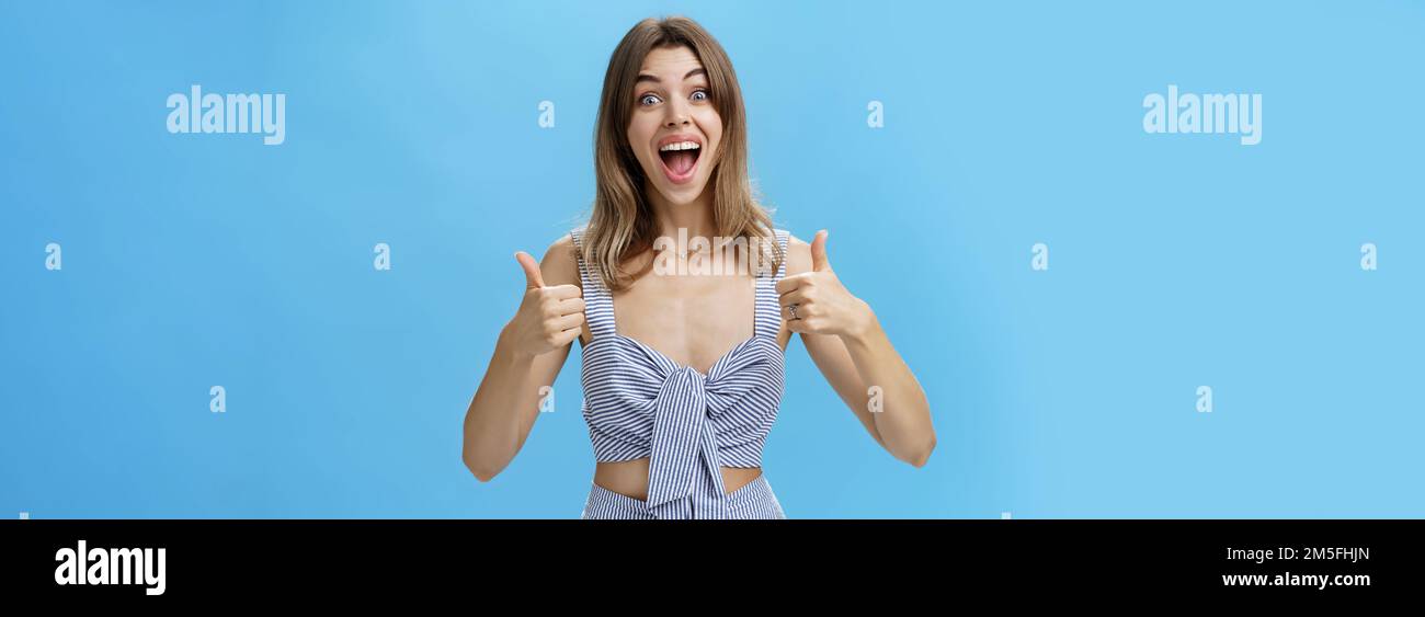 Woman satisfied with perfect result smiling excited with happy grin ...