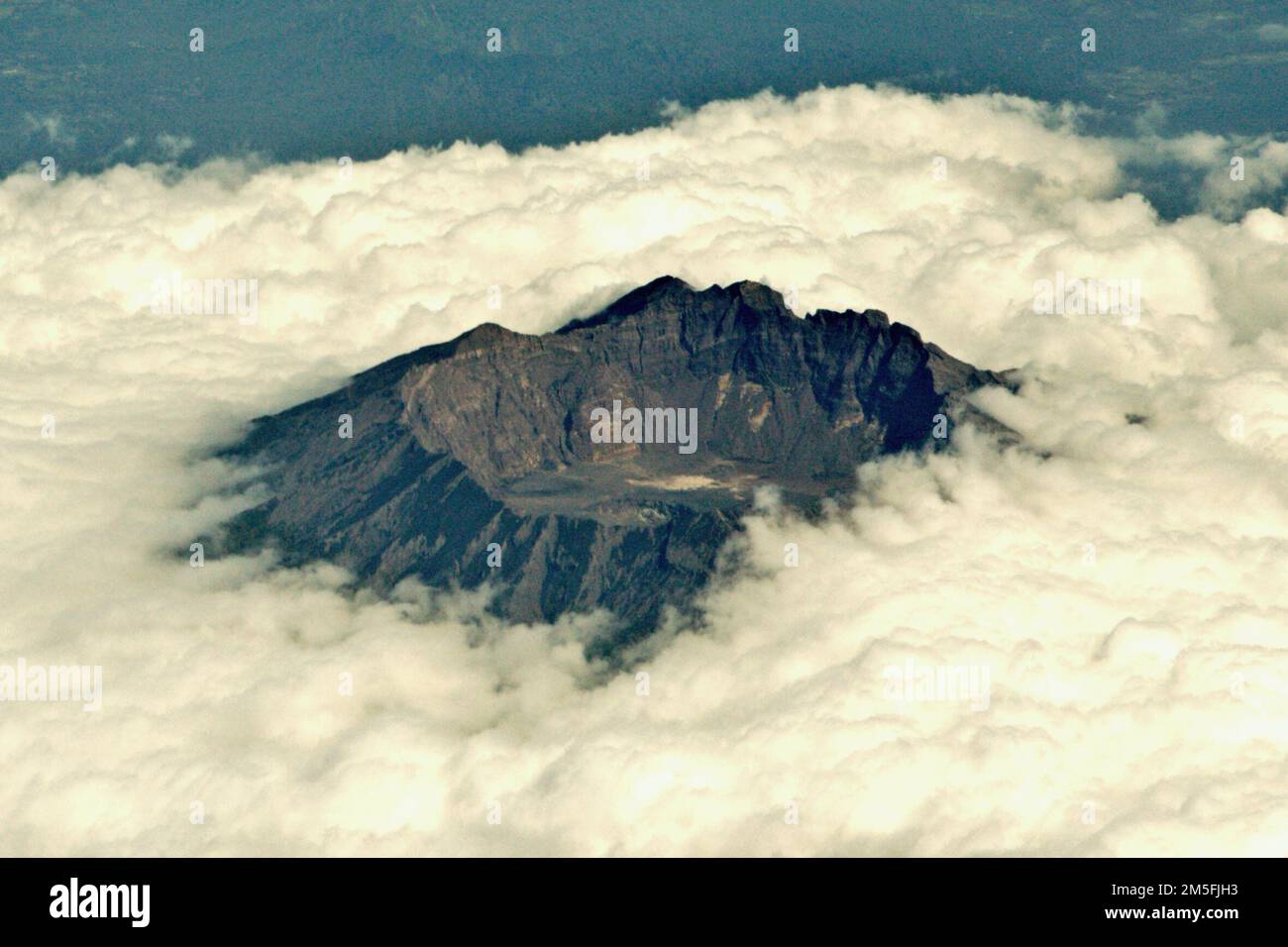 Caldera of Mount Raung, an active volcano, is seen in an aerial view ...