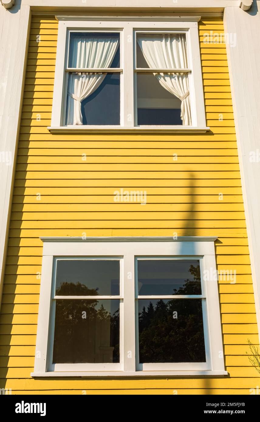 Windows. The Yellow wall with windows. Old looking yellow wall with ...