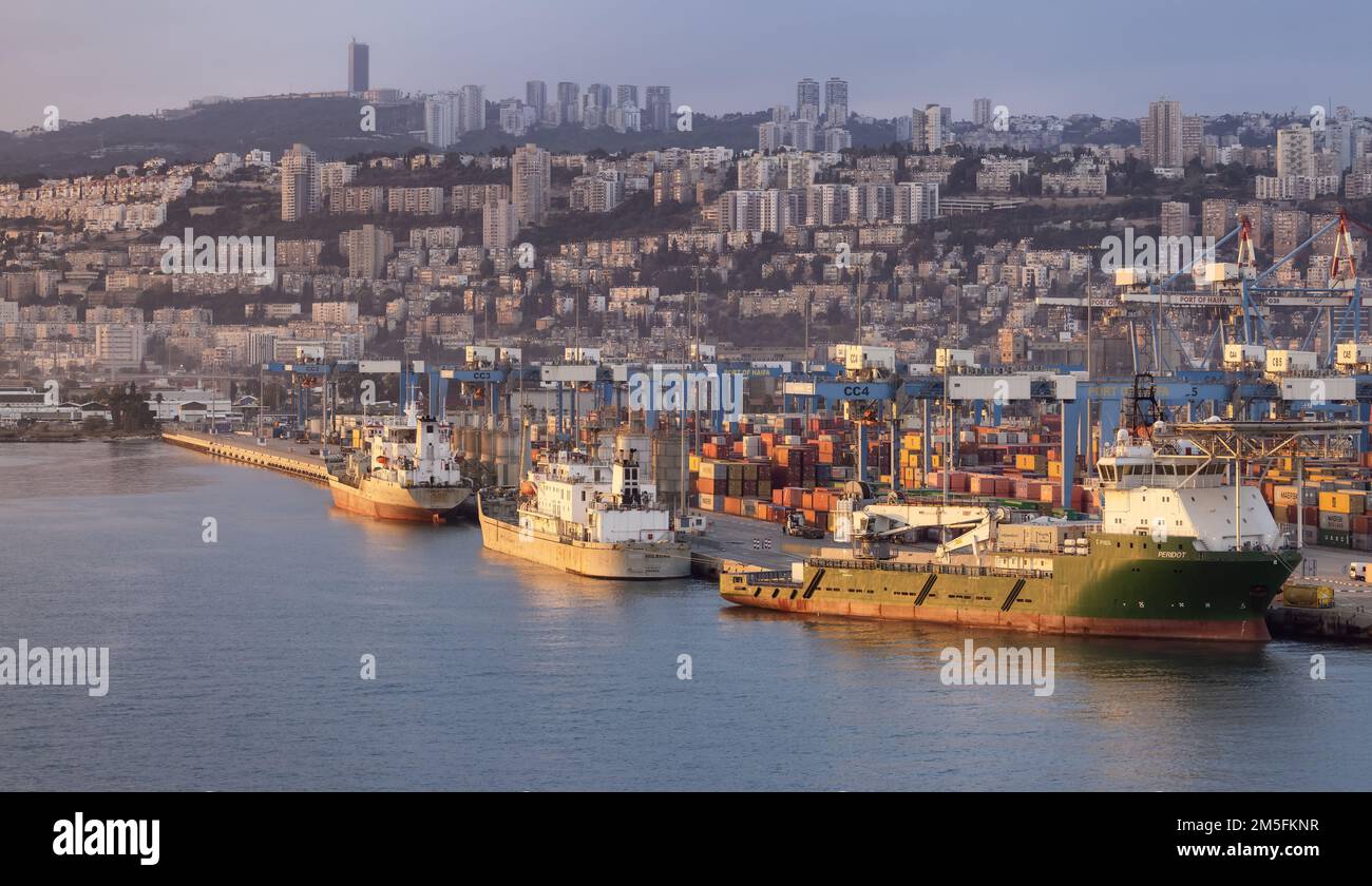 Port of Haifa during dramatic sunrise. View from cruise ship Stock ...