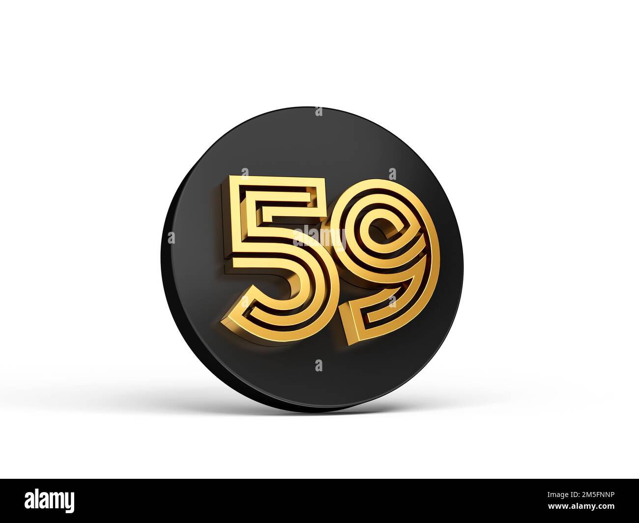 A 3D illustration of a golden 59 on a black circle isolated on a white ...