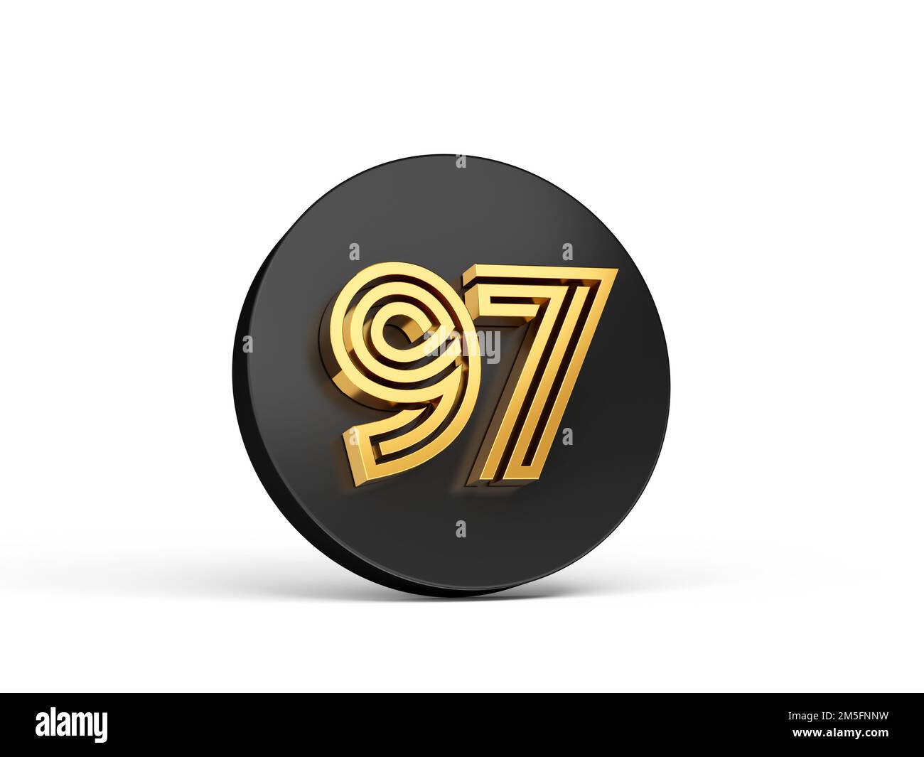A 3D illustration of a golden 97 on a black circle isolated on a white ...