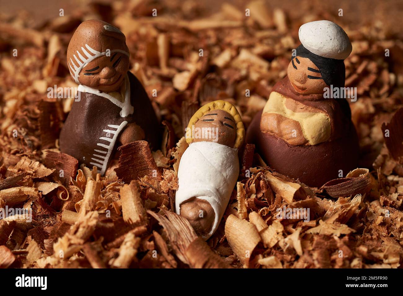 A closeup of the nativity scene in south American style with Jesus ...