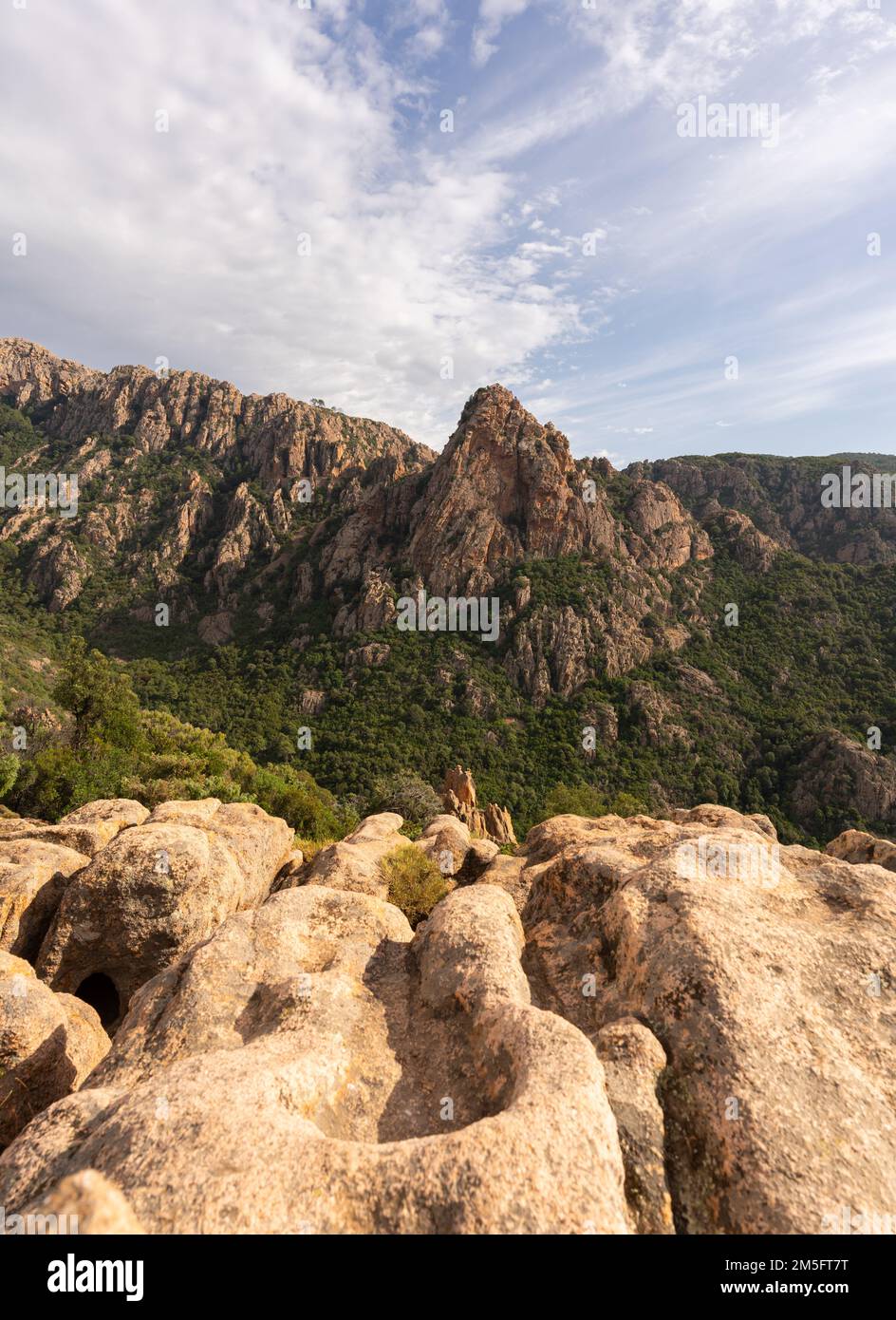 A beautiful landscape of rocky hills with dense foliage on the sunrise ...
