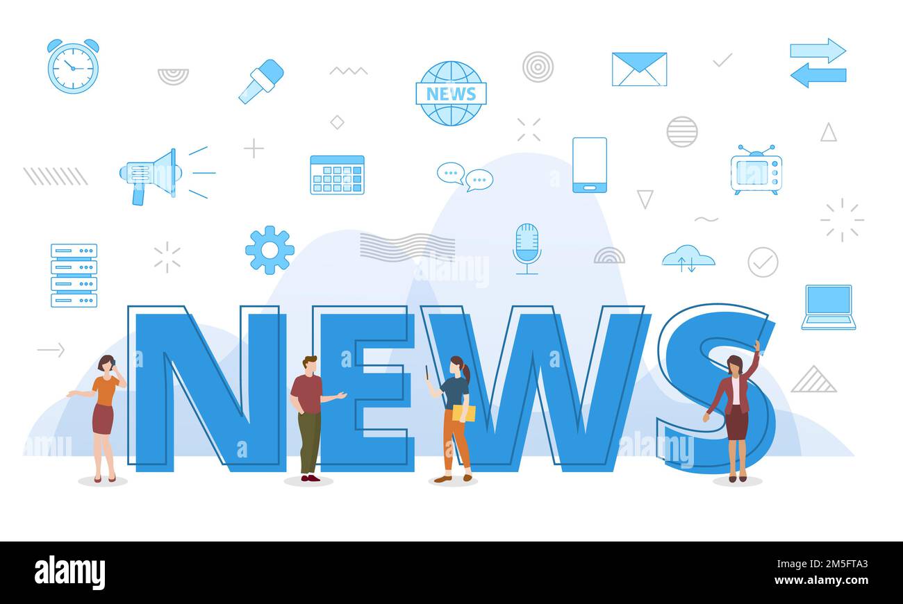 news media concept with big words and people surrounded by related icon ...