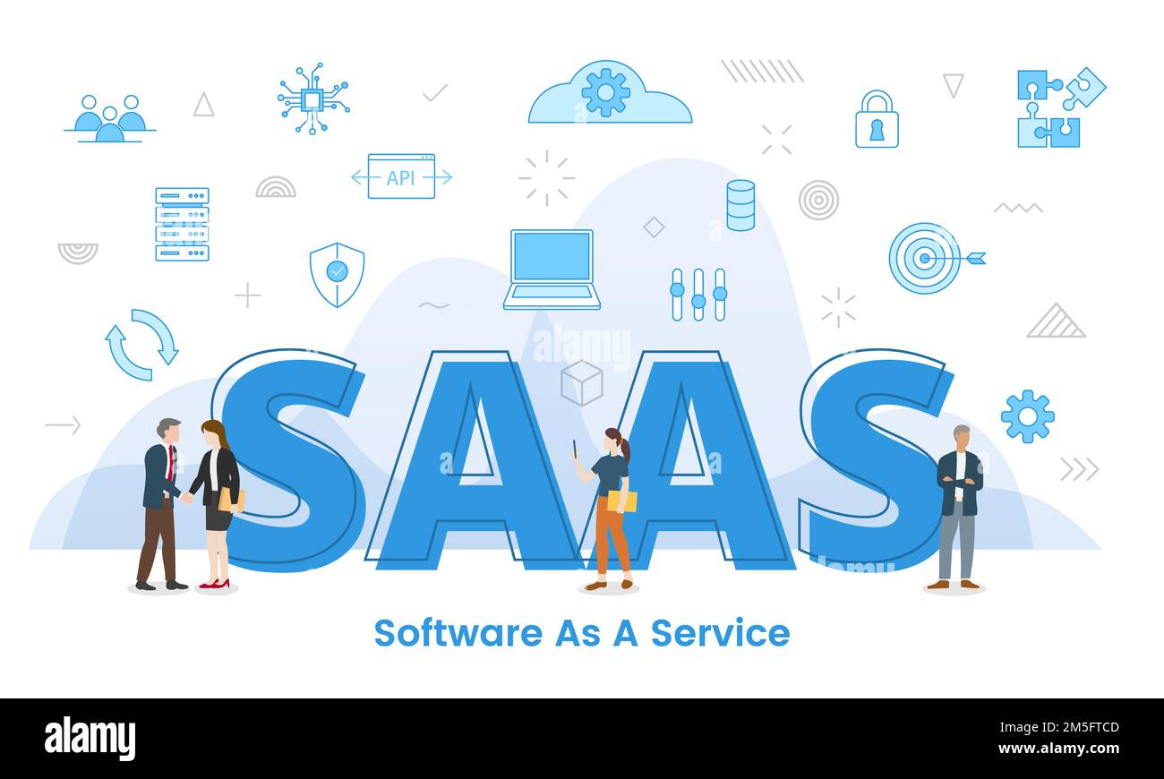 saas software as a service concept with big words and people surrounded by related icon ...