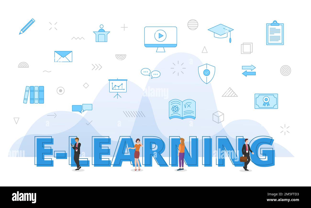 e-learning concept with big words and people surrounded by related icon ...