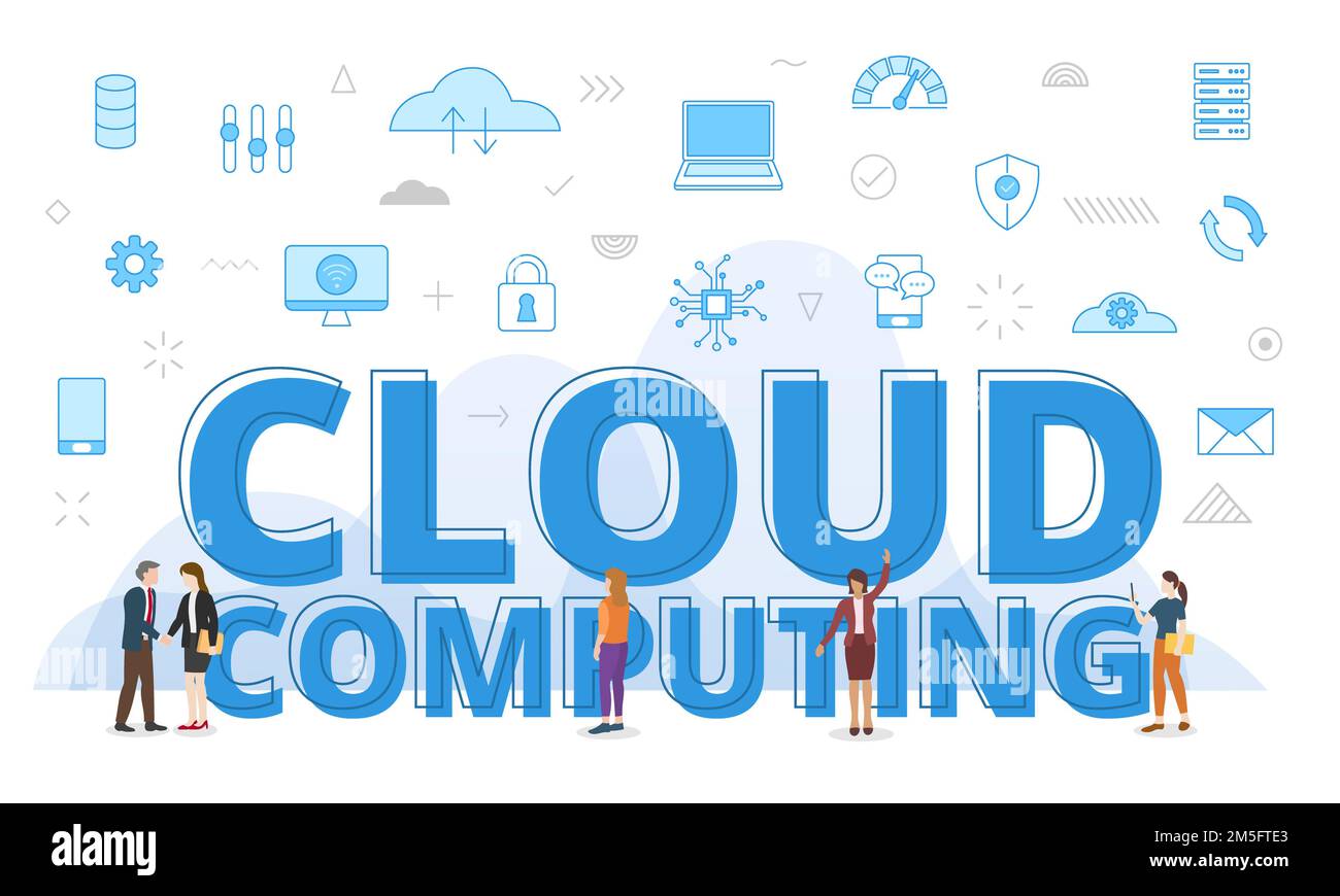 cloud computing concept with big words and people surrounded by related ...