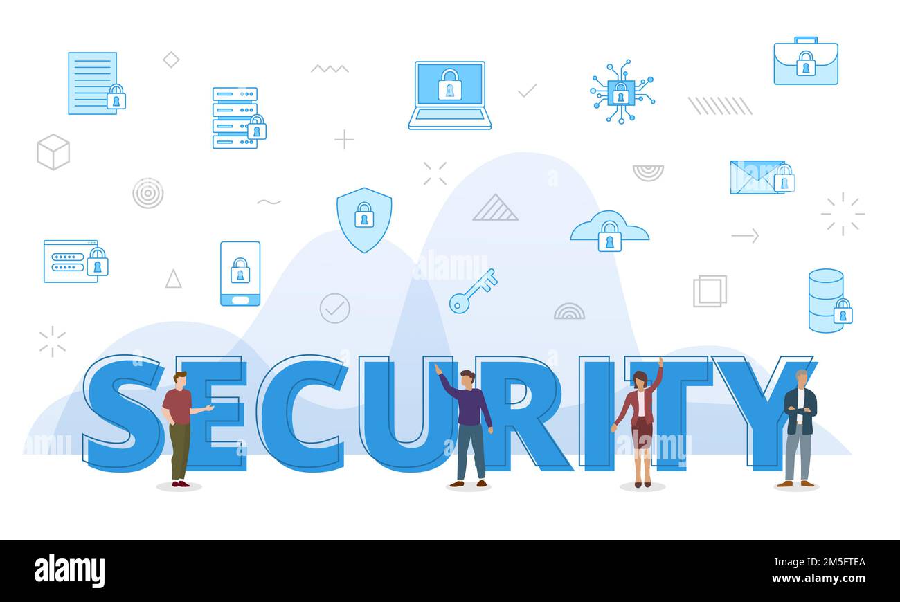 internet security concept with big words and people surrounded by ...