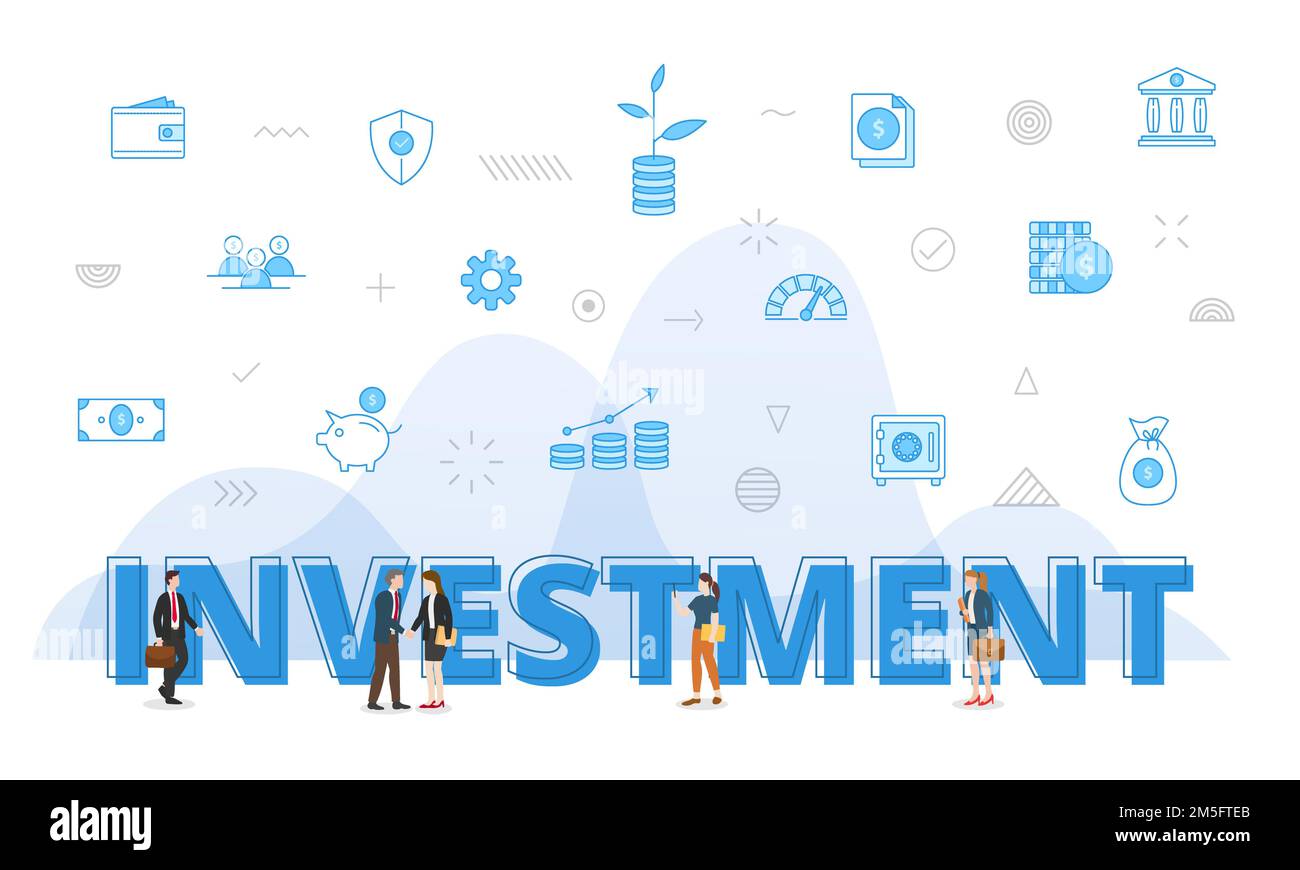 business investment concept with big words and people surrounded by ...