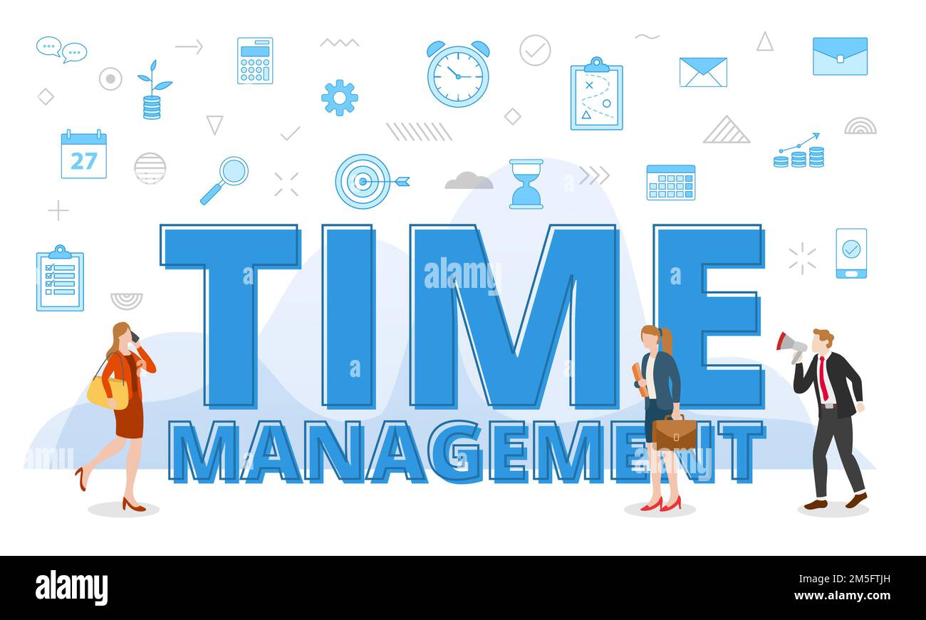 time management concept with big words and people surrounded by related ...