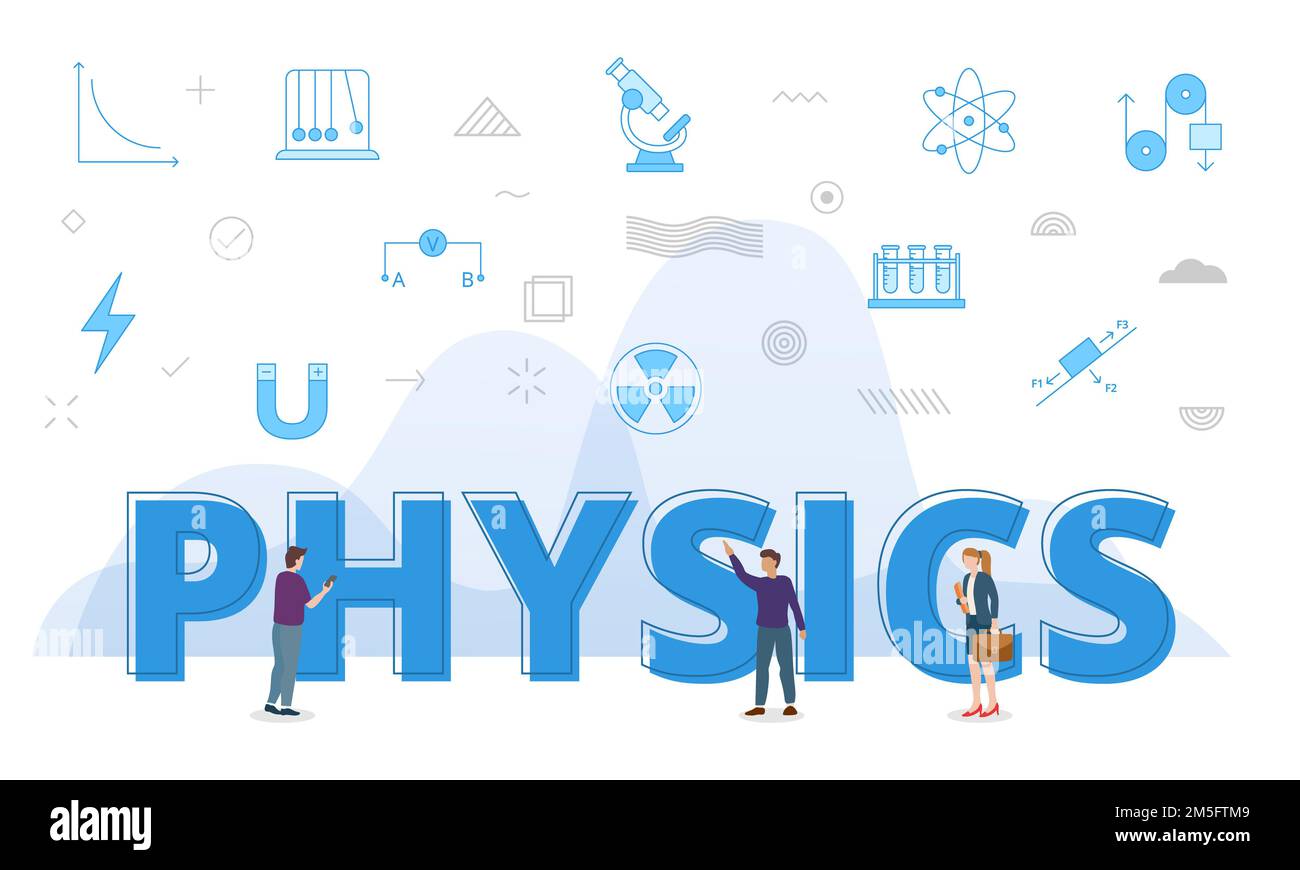 physics concept with big words and people surrounded by related icon ...
