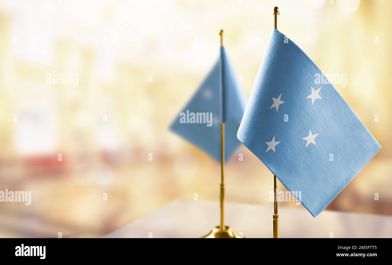 Small flags of the Federated States Micronesia on an abstract blurry ...