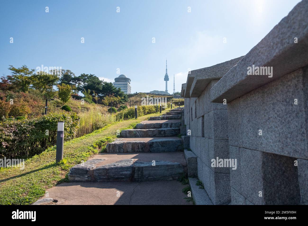 Walkway next to Hanyangdoseong Wall or Seoul City Wall in Namsan park ...