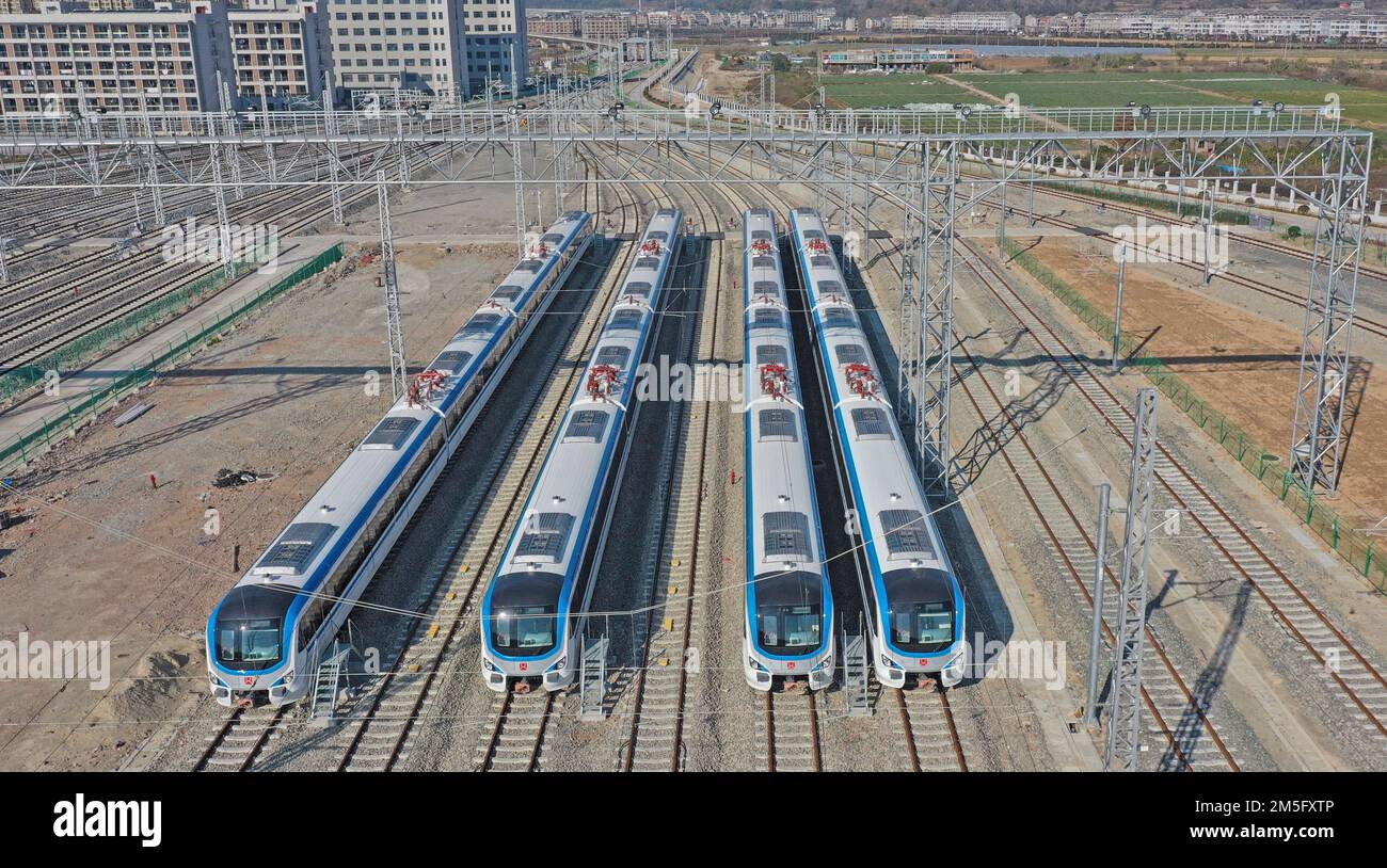 Aerial photo shows several new electric multiple units lying on the ...