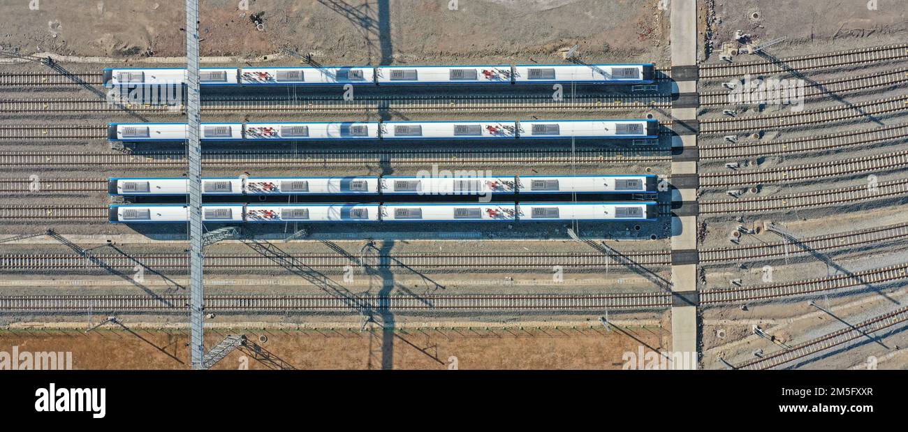 Aerial photo shows several new electric multiple units lying on the ...