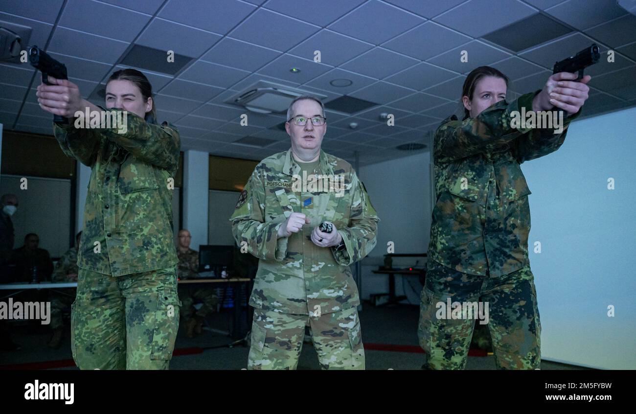 A U.S. Air Force instructor, assigned to the 86th Security Forces Squadron trains German air ...