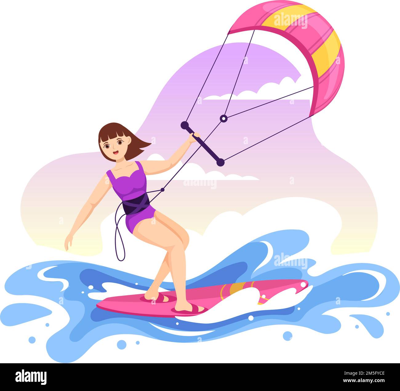 Kitesurfing Illustration with Kite Surfer Standing on Kiteboard in the ...