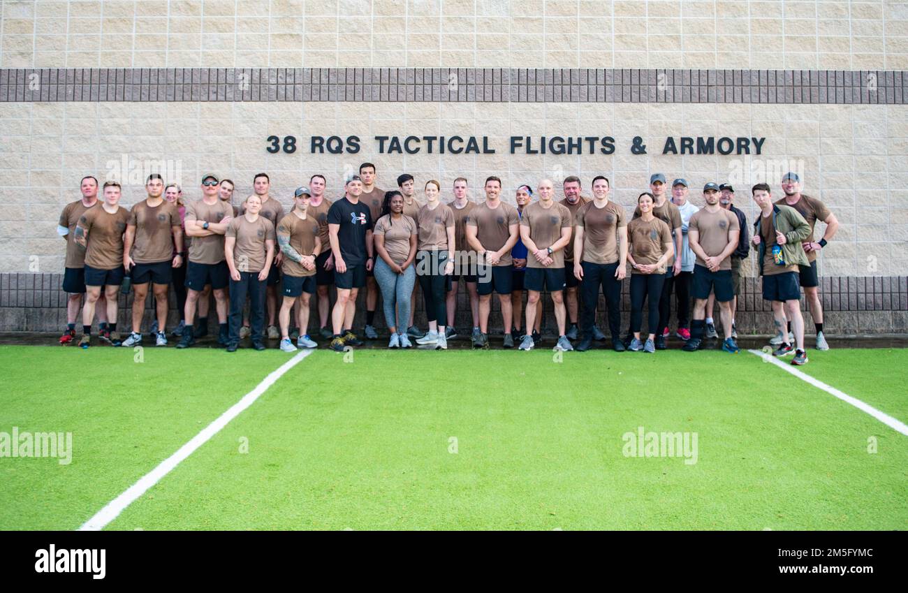 U.S. Air Force Airmen from the 38th Rescue Squadron pose for a group ...