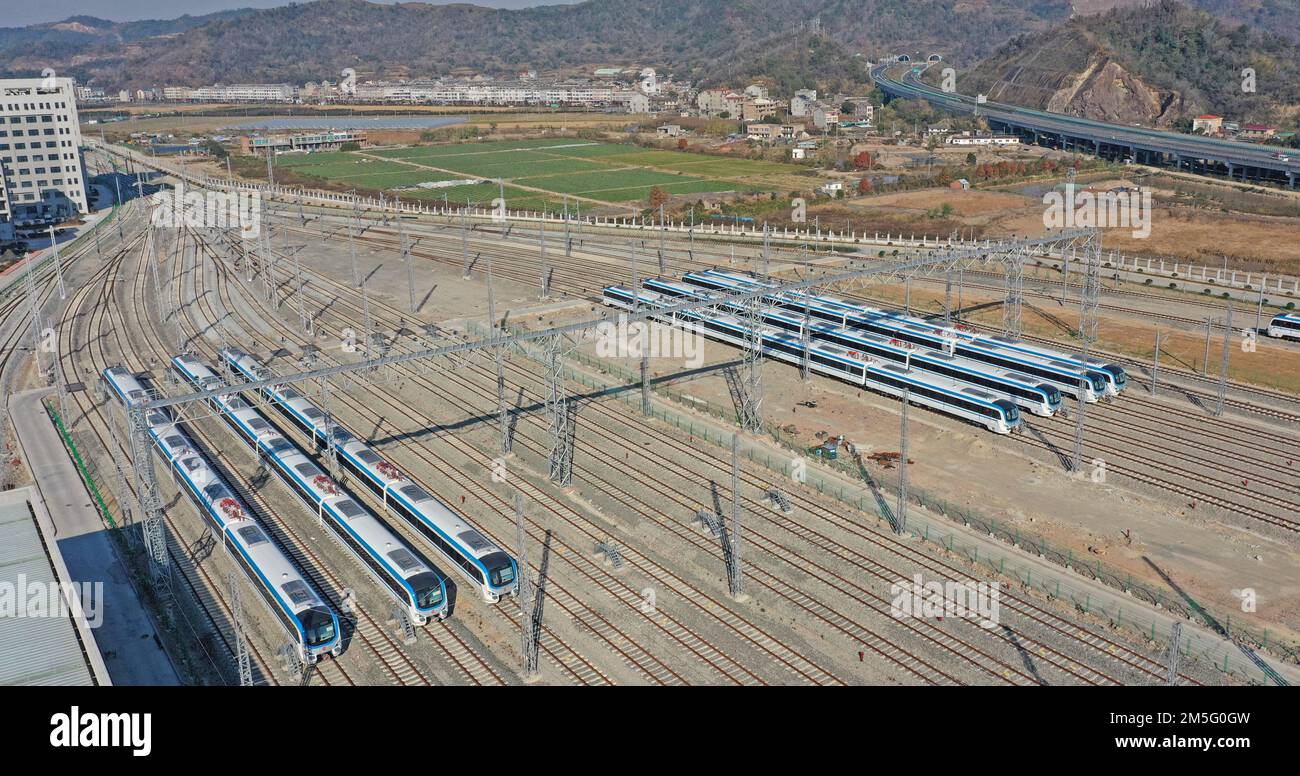 Aerial photo shows several new electric multiple units lying on the ...