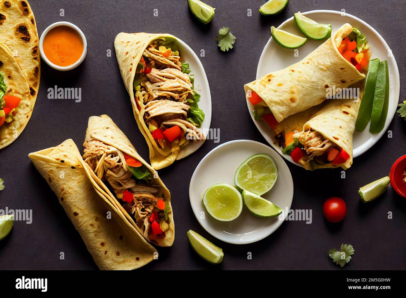 Mexican food healthy lunch of chicken burrito, tortilla wraps or fajita with grilled chicken and ...