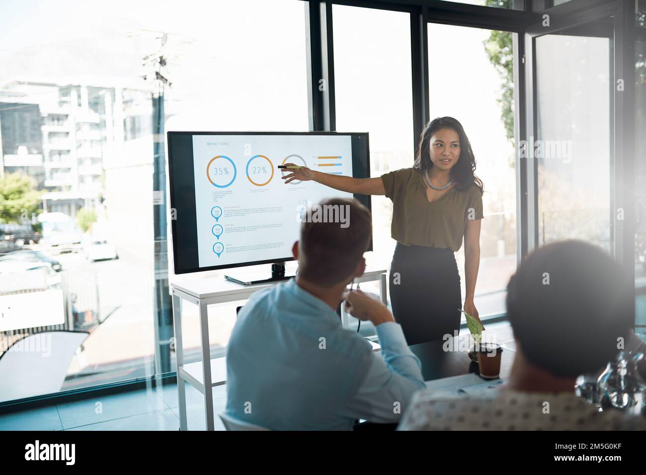 Take a look here for a second. a businesswoman giving a presentation in ...
