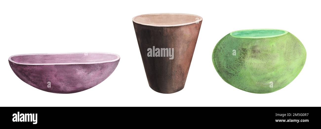 Watercolor set flowers clay pots. Ceramic pots isolated on white ...