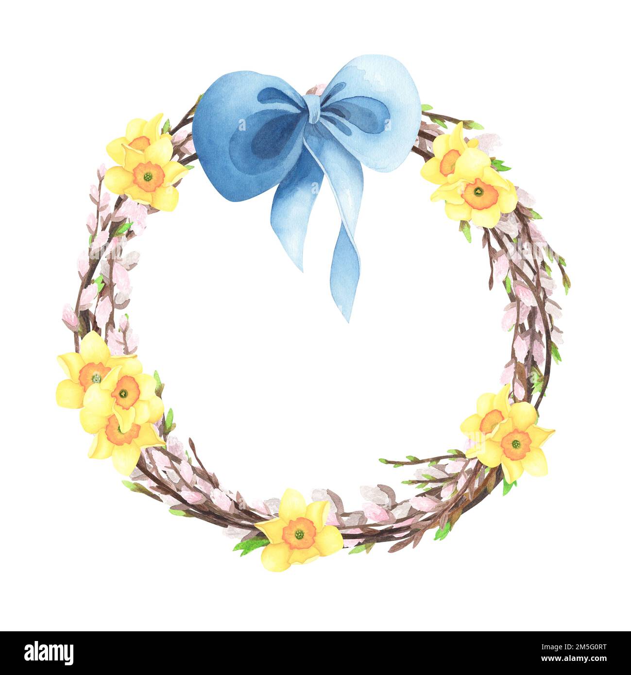Spring pussy willow twigs wreath watercolor with daffodil, colored eggs ...
