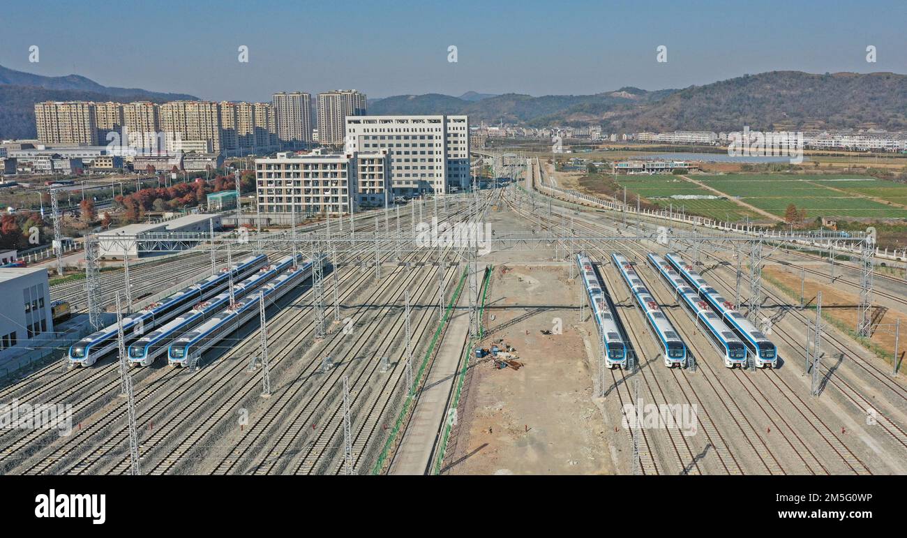 Aerial photo shows several new electric multiple units lying on the ...