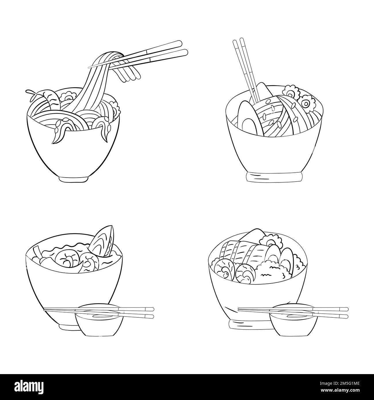 asian food set in plates, ramen noodles, tom yam soup and poke bowl ...