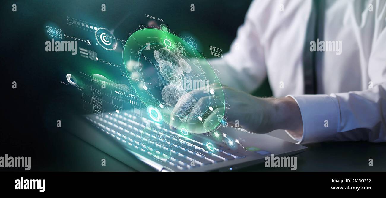 Work with laptop and NFT digital objects hologram Stock Photo - Alamy