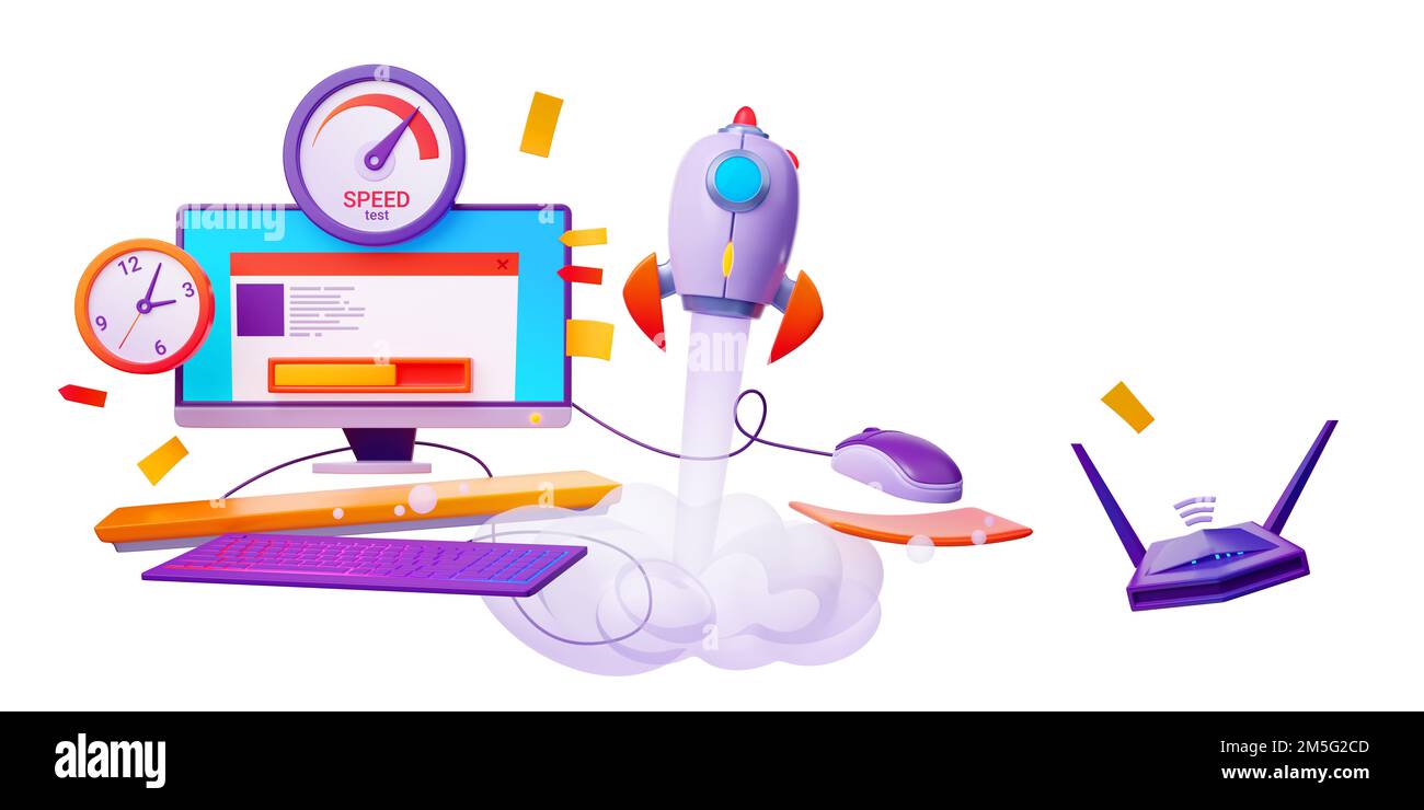 3D illustration of desktop computer with web page, speedometer and ...