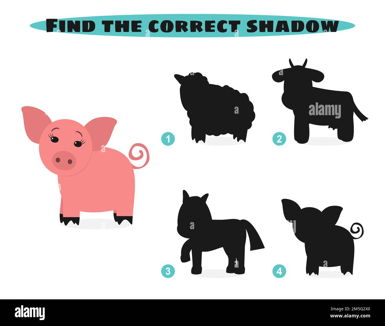 Find correct shadow. Cute farm animals. Education game Stock Vector ...