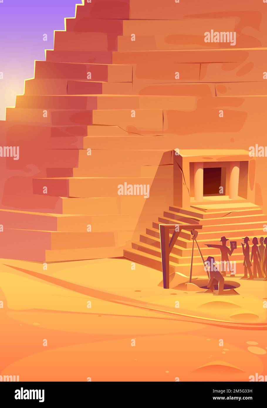 Egypt landscape with old pyramid, excavation site and tourists. African ...