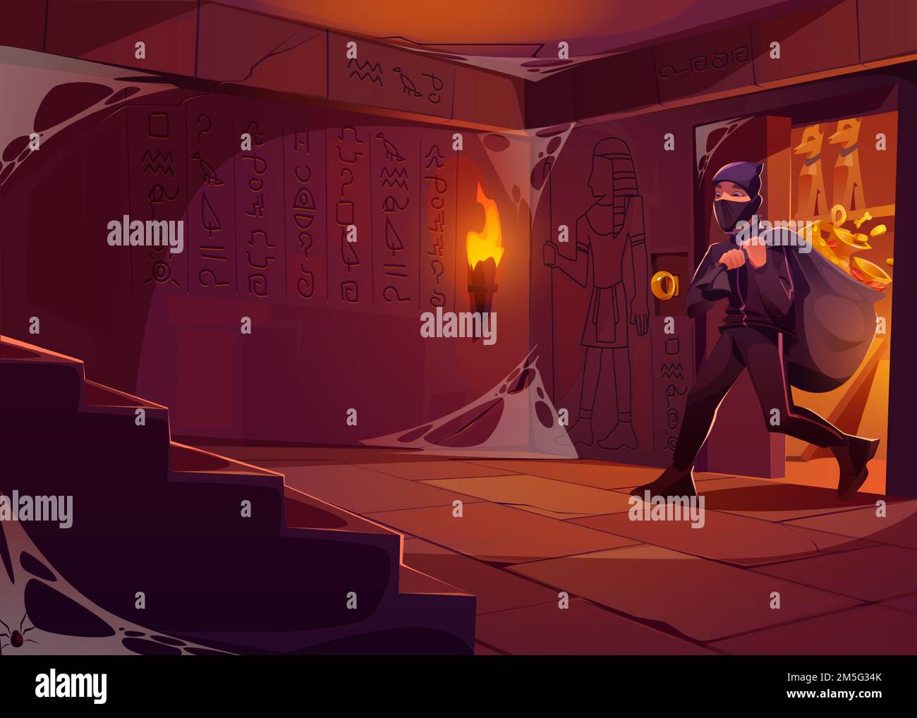 Thief run with bag from ancient Egyptian pyramid. Character in mask ...